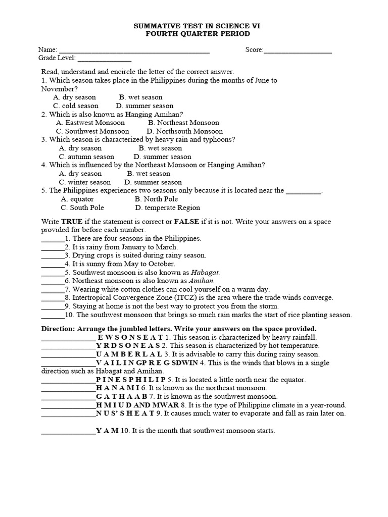 Summative Test in Science 6 | PDF | Monsoon | Wet Season