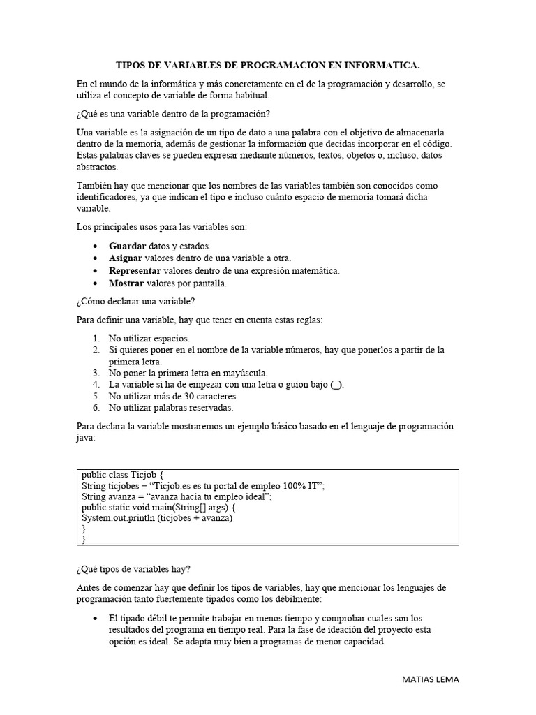 Tipos de Variables de Programacion en Informatica | PDF | Lenguaje de programación | Variable ...