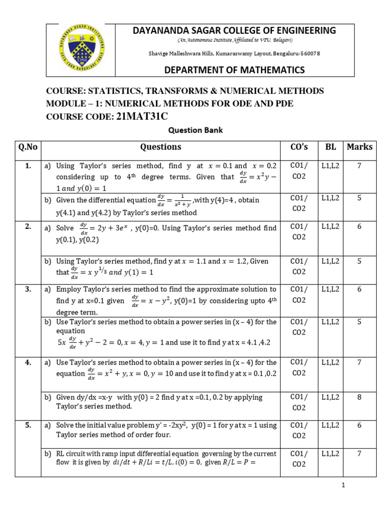 22mat31c QB | PDF | Ordinary Differential Equation | Applied Mathematics