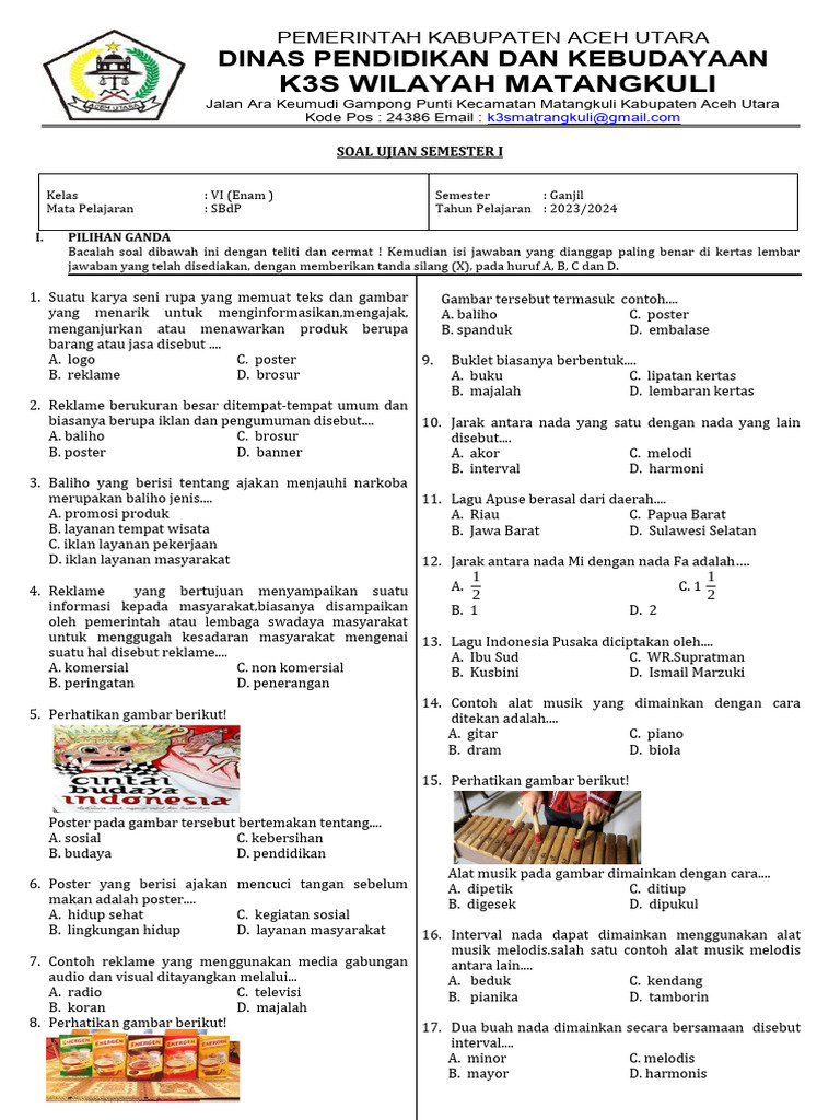 Soal Ujian SBdP Kelas VI | PDF | Seni