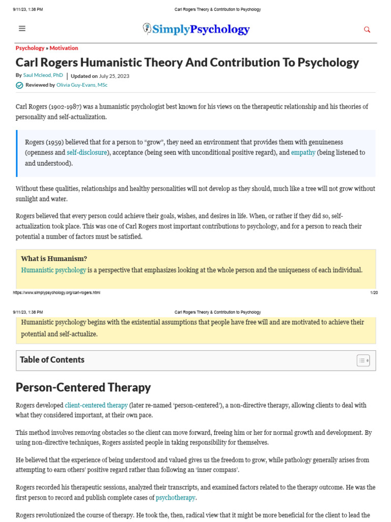 Carl Rogers' Humanistic Psychology Contributions | PDF | Self Esteem ...