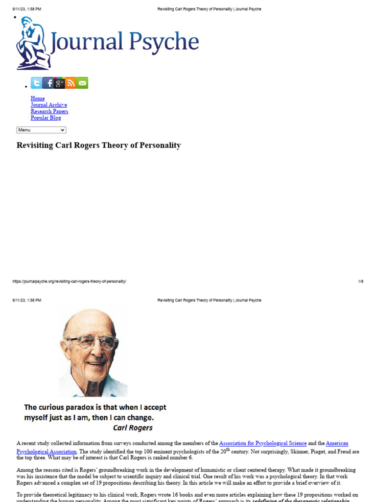 Revisiting Carl Rogers Theory of Personality - Journal Psyche | PDF ...