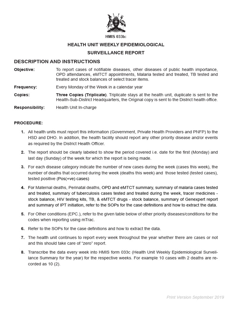HMIS 033b - HEALTH UNIT WEEKLY EPIDEMIOLOGICAL New Edit 28.8.2019 | PDF ...
