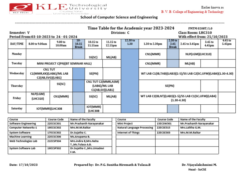 School of Computer Science and Engineering Time Table For The Academic Year 2023-2024 | PDF ...