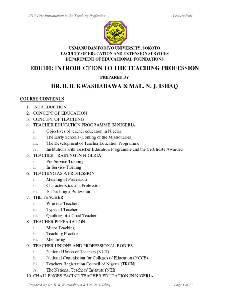 EDU101 Lecture Note 2 | Download Free PDF | Teachers | Teacher Education