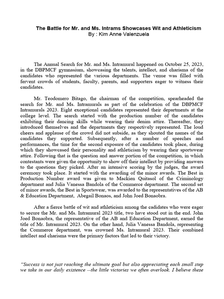 Mr. and Ms. Intrams News Article. Edited | PDF