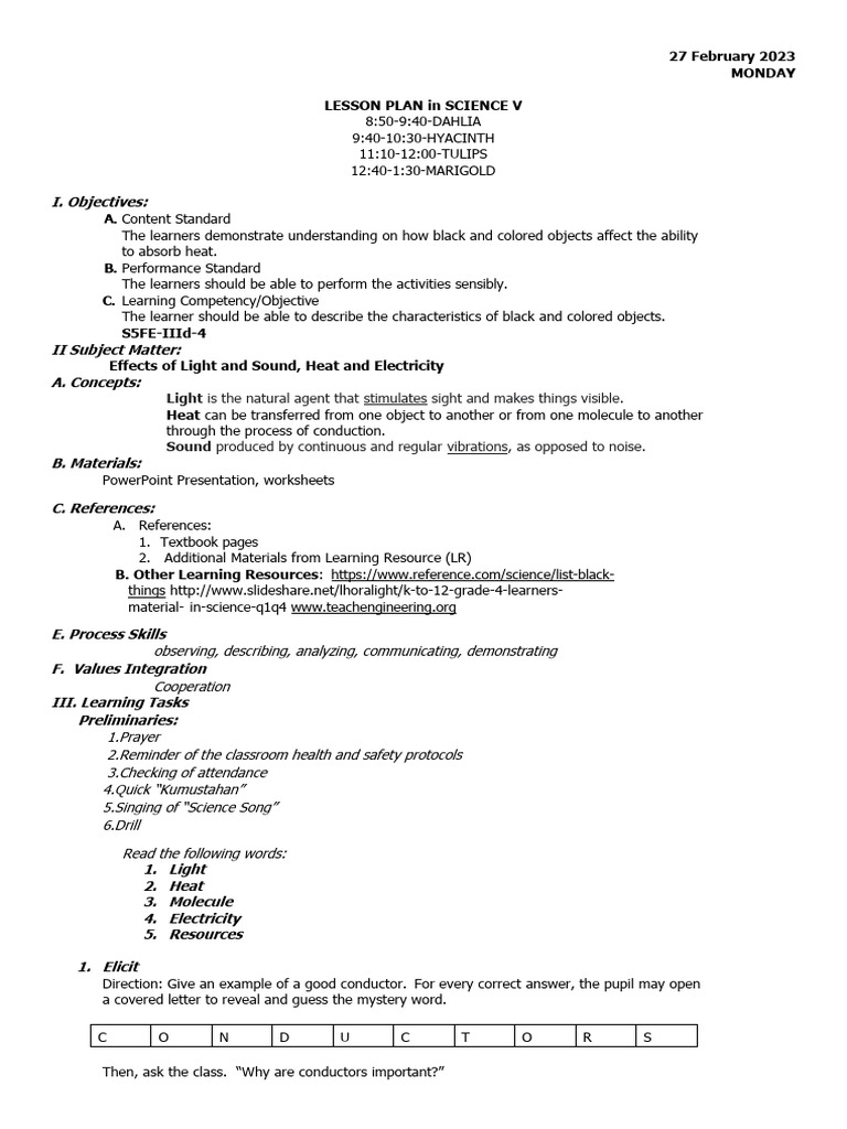 Science V Lesson Plan on Color and Heat | PDF | Learning | Color