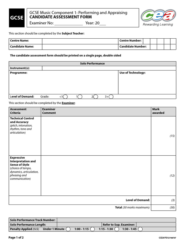 Performing Candidate Assessment Form 2 | PDF | Career And Technical ...