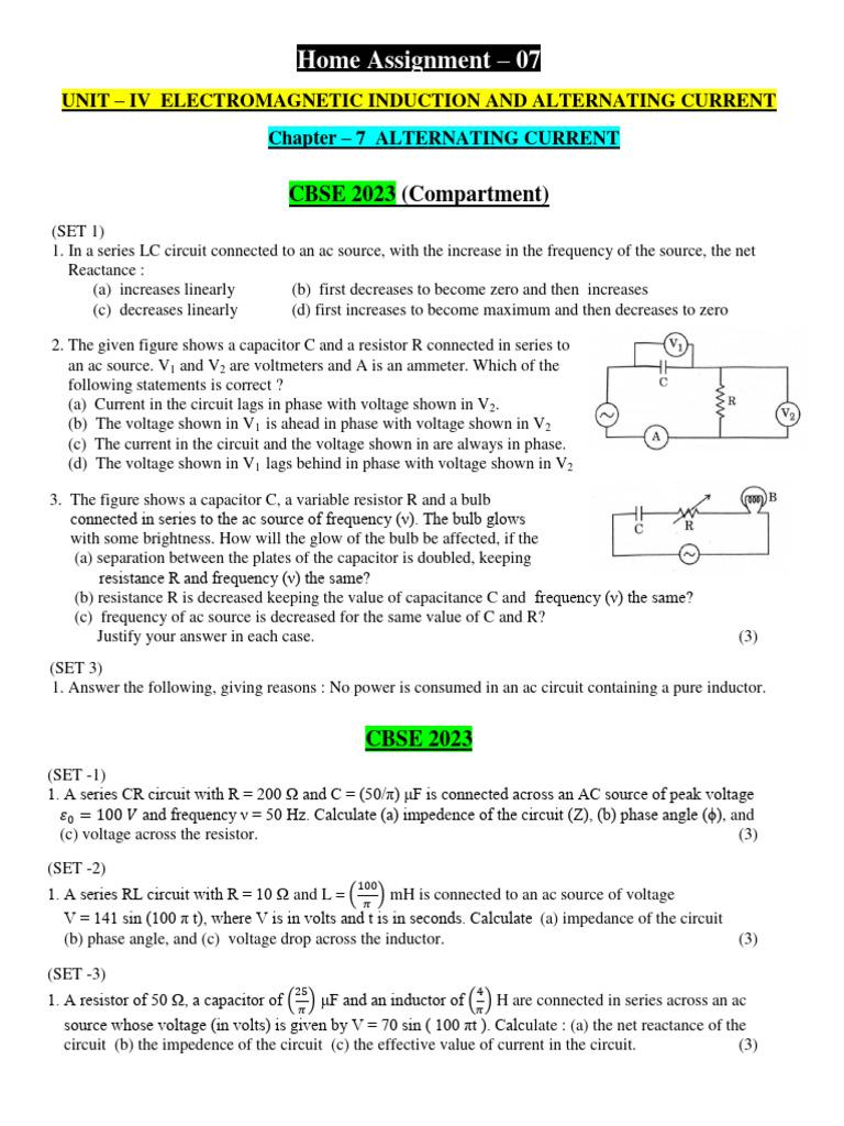 AISSCE ASGNMT CHapter 7 Class 12 | PDF | Electrical Impedance | Electrical Network