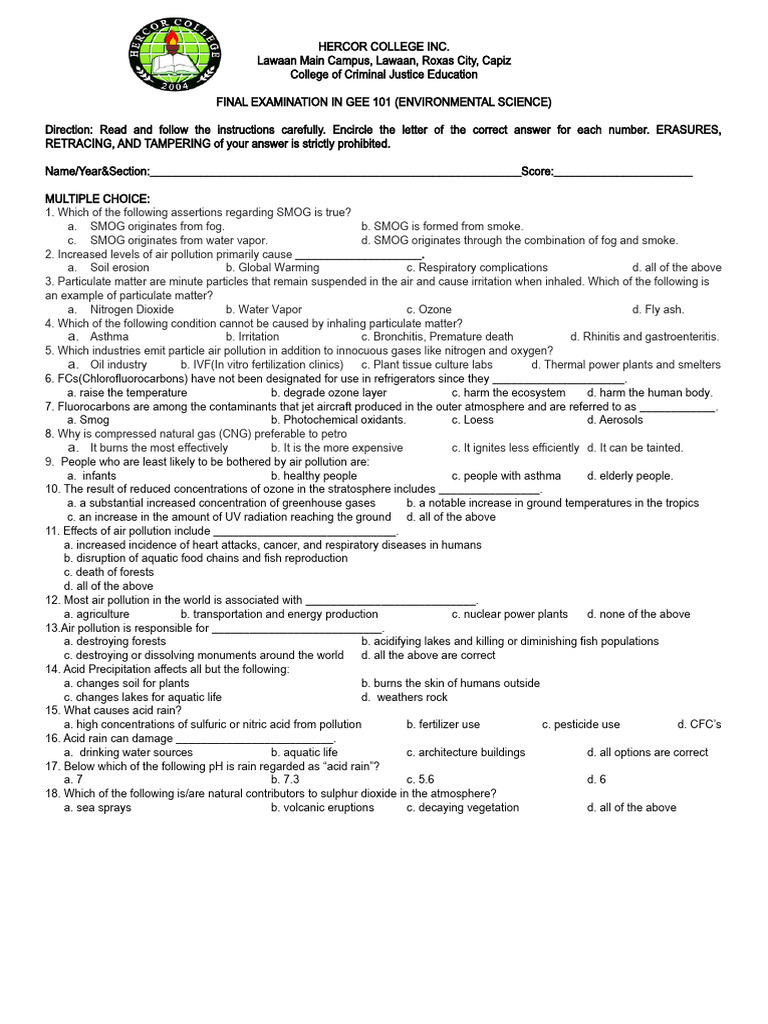 Hercor College Final Exam Gee 101 2 | PDF | Greenhouse Effect ...