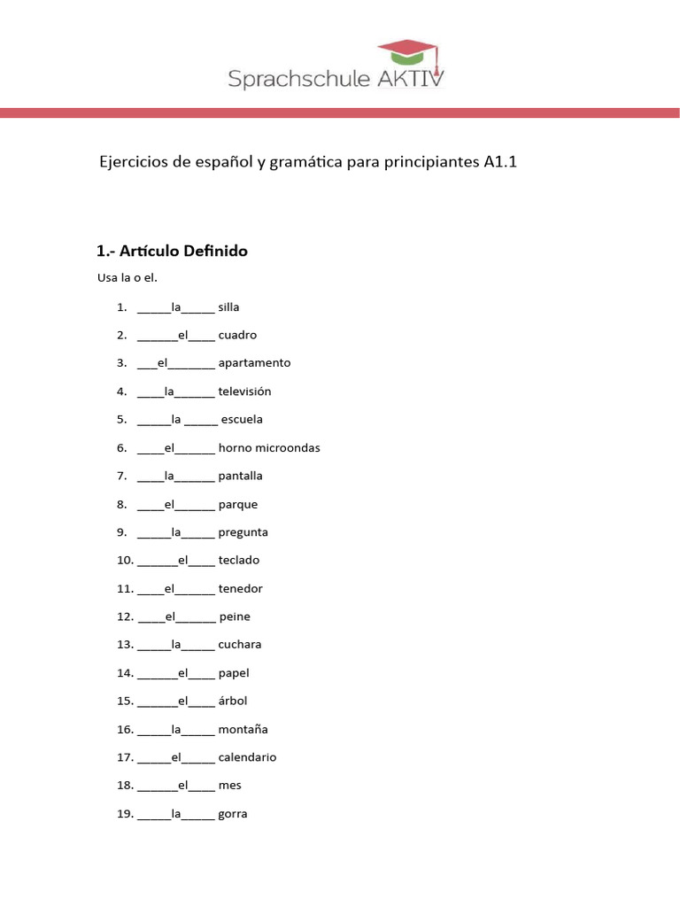 Ejercicios de Gramática Española A1.1 | PDF