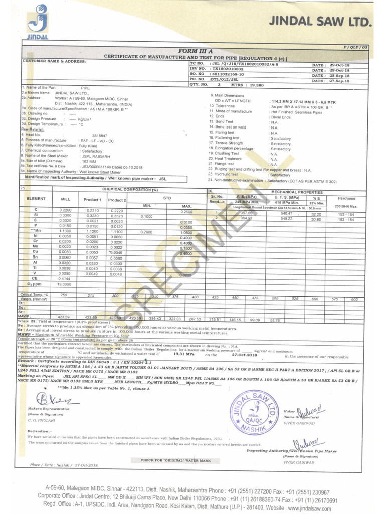 Sample MTC - Pipes | PDF