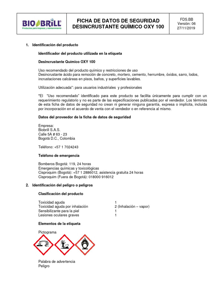 OXI-100 Desincrustante Quimico Biobrill | PDF | Agua | Solubilidad