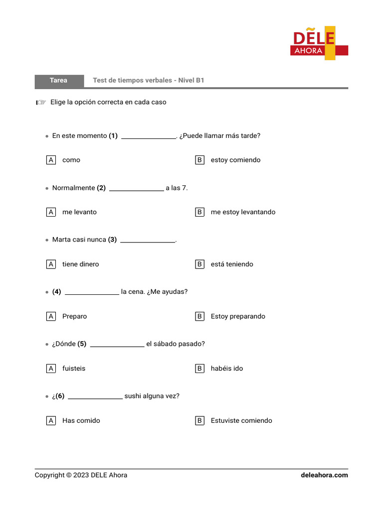 Test de Tiempos Verbales Nivel b1 | PDF