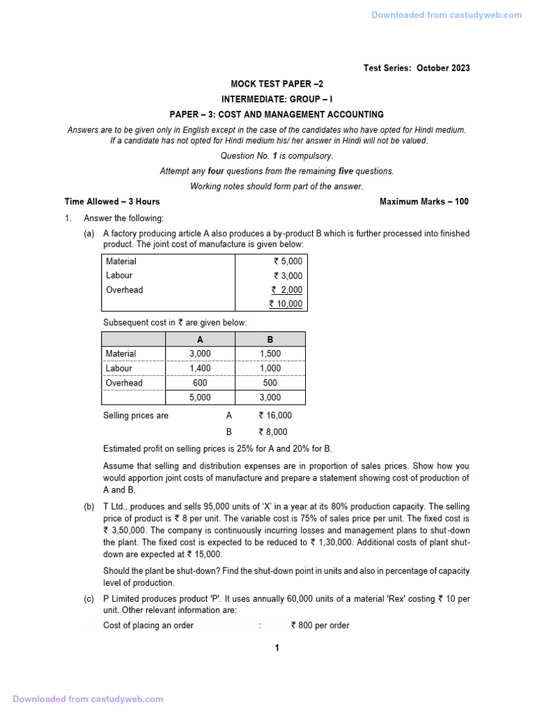 Costing - Questions | PDF | Cost | Automated Teller Machine