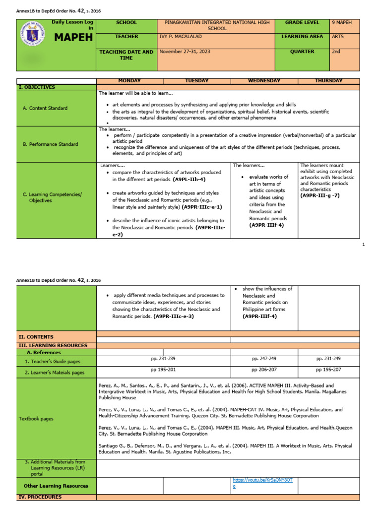 Grade 9 Arts Lesson Plan: Neoclassic & Romantic | PDF | Rubric ...