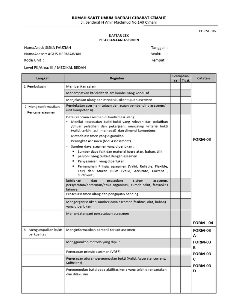 Form - 06 Daftar Cek Pelaksanaan Assmn | PDF