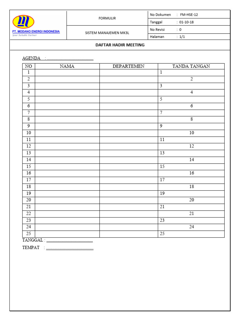 FM-HSE-12 Daftar Hadir Meeting | PDF