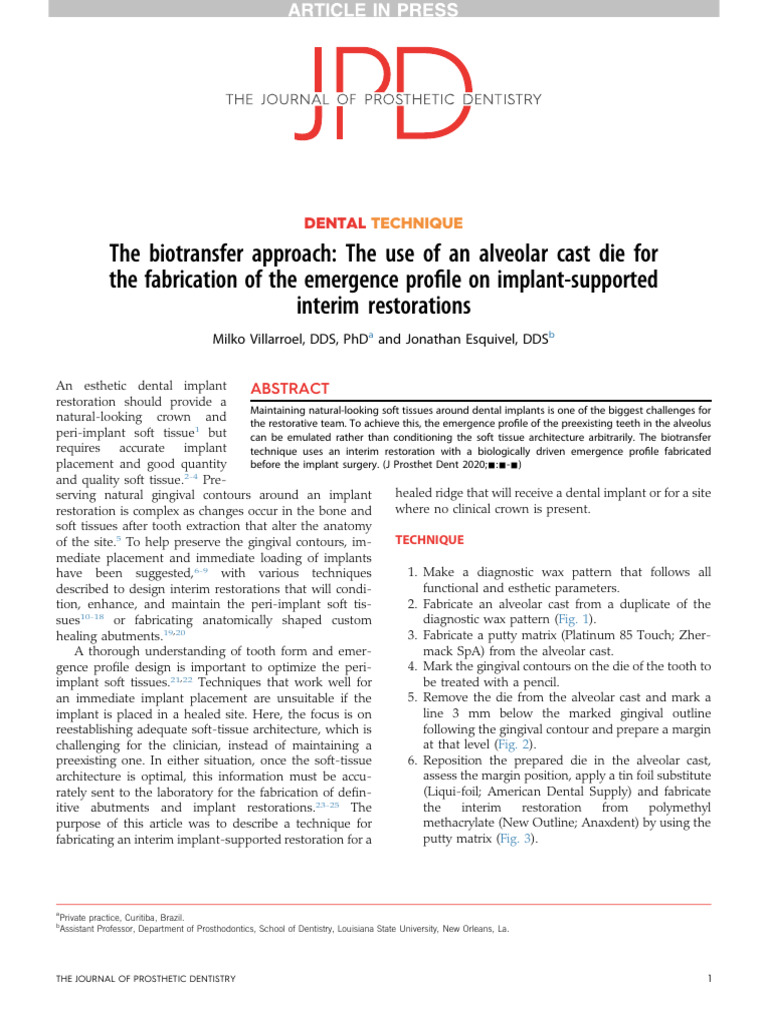 The Biotransfer Approach: The Use of An Alveolar Cast Die For The ...