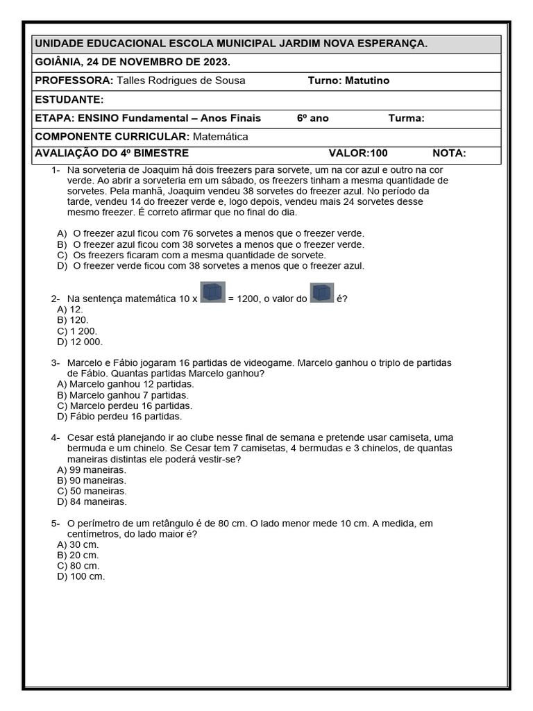 Avaliação 4 Bimestre Matemática Pdf