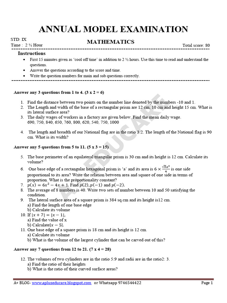 A+ Blog-Std-9-Mathematics-Annual Model Examination-2021-Em | PDF