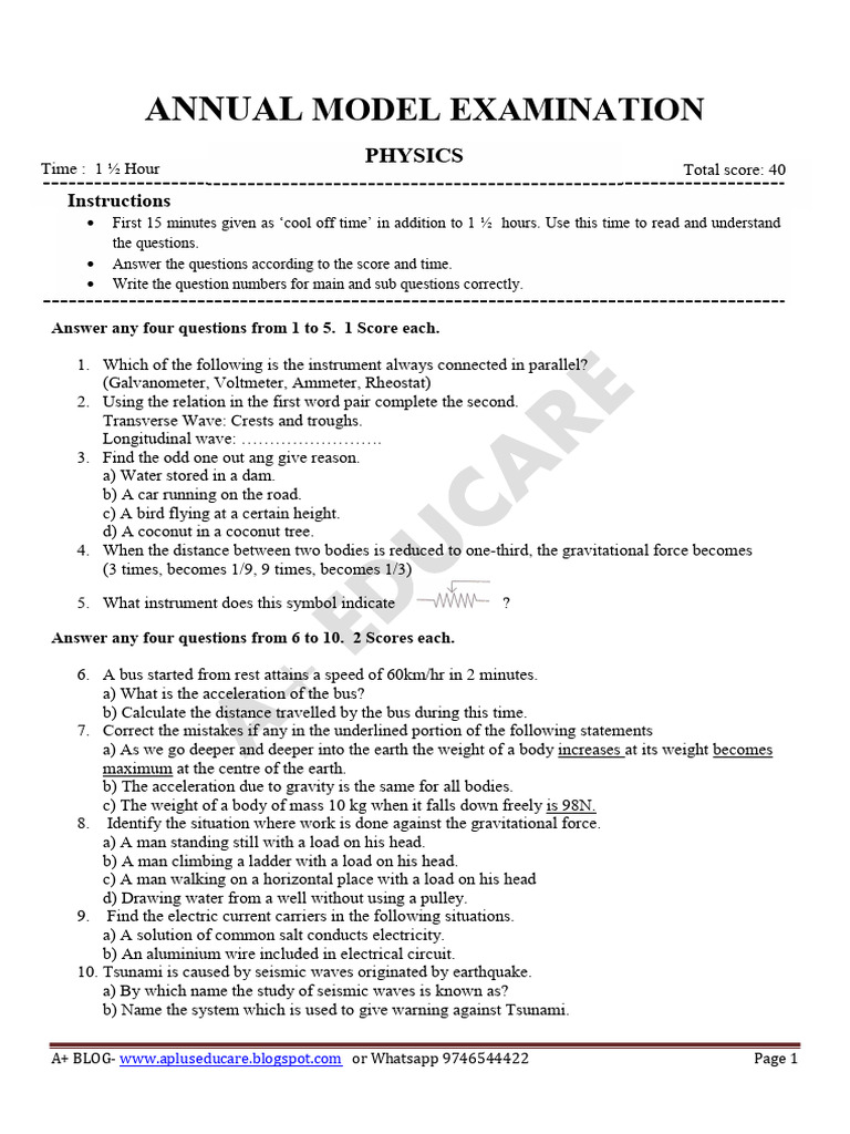 A+ Blog-Std-9-Physics-Annual Model Examination-2021-Em | PDF | Waves | Force