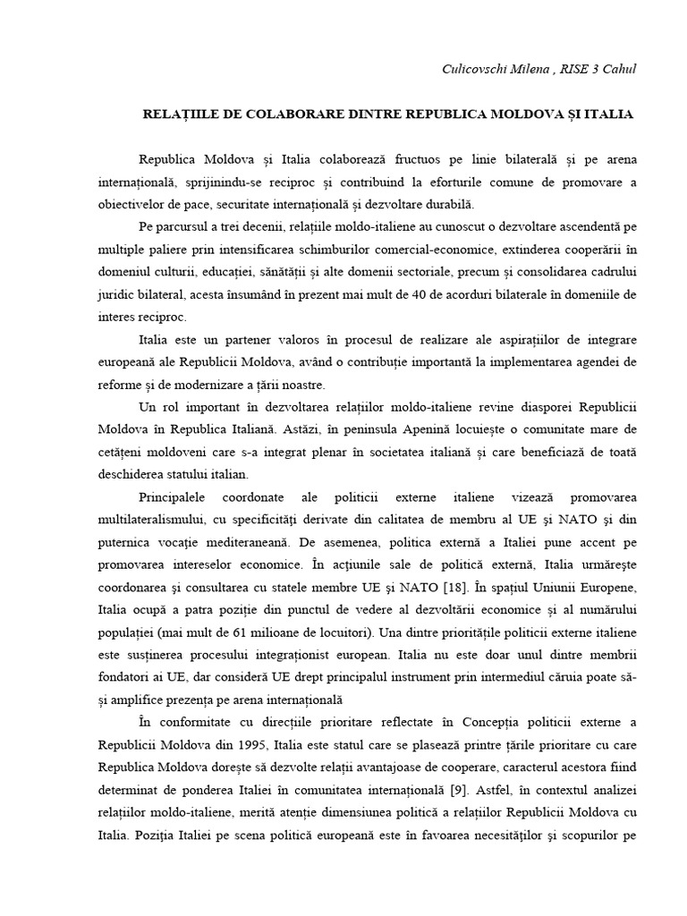 Relațiile RM - Italia - Culicovschi Milena | PDF