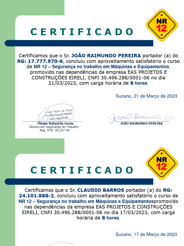 Certificado de Treinamento de NR 12 EAS | PDF