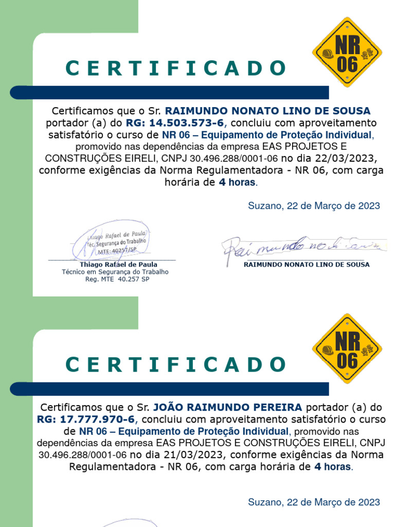 Certificado de Treinamento de NR 06 EAS | PDF | Segurança | Segurança e ...
