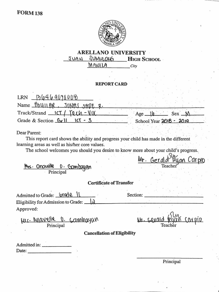 Jonas Form 138 | PDF
