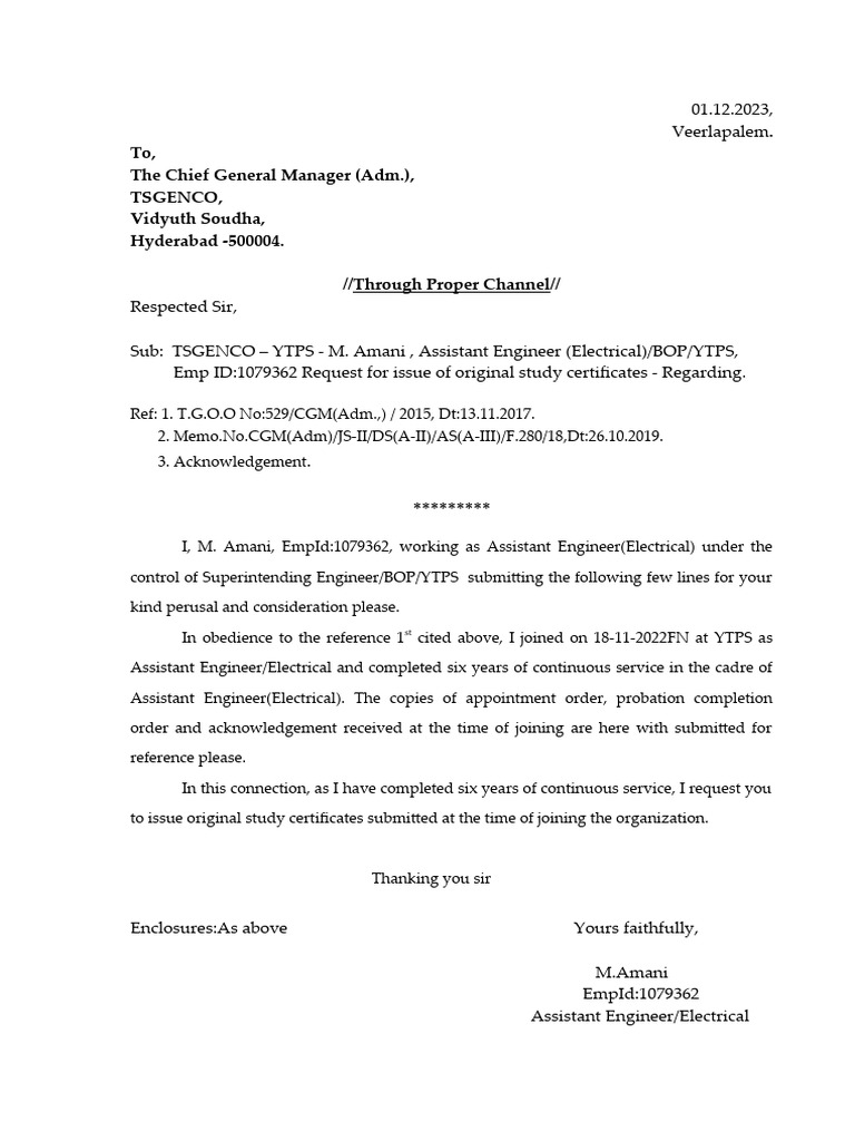 To, The Chief General Manager (Adm.), Tsgenco, Vidyuth Soudha, Hyderabad - 500004. //through ...
