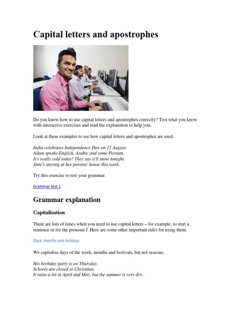 Capital Letters and Apostrophes B1 - B2 Grammar | Download Free PDF ...