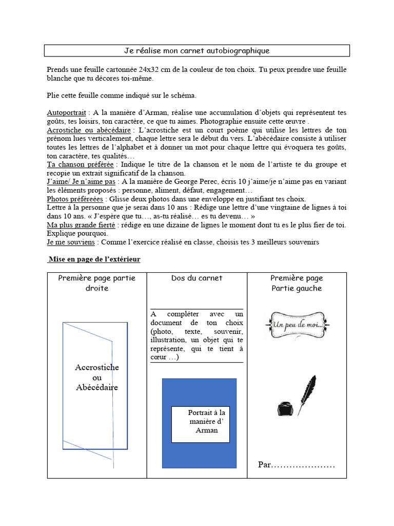 Mon carnet autobiographique 3ème | PDF