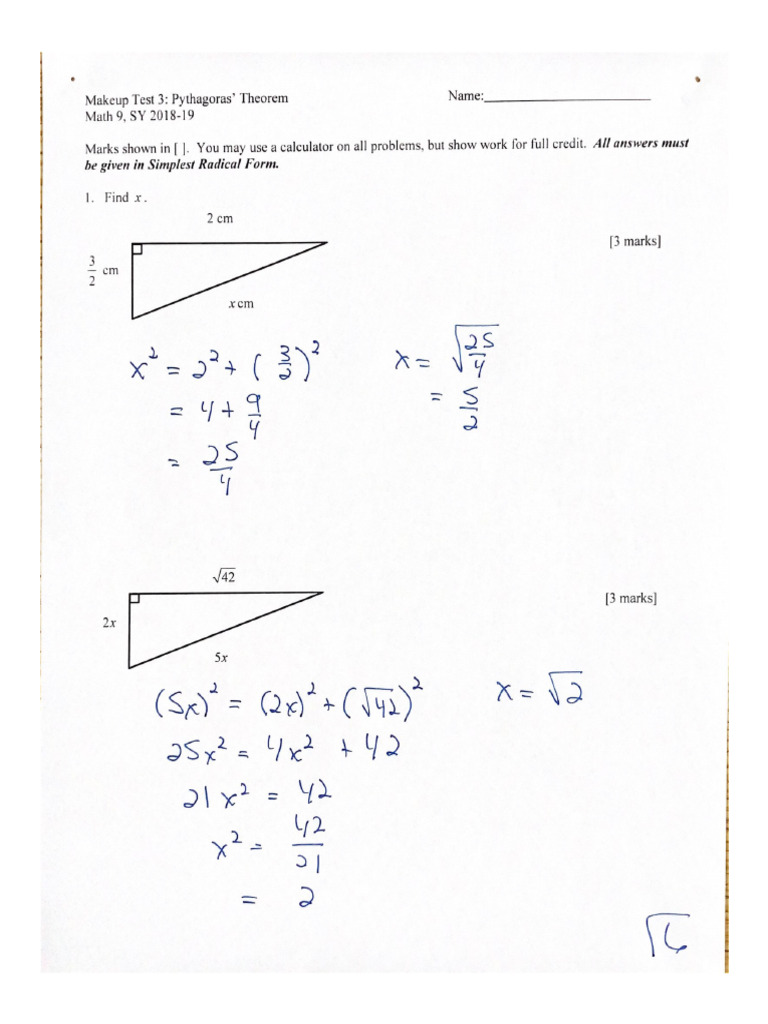 Practice Test 3 SY 2023-23 Pythagoras Theorem Solutions | PDF