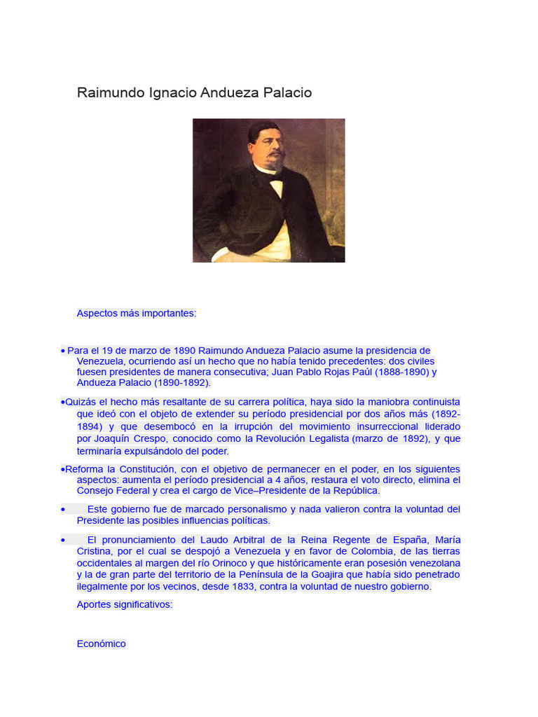 Andueza Palacios Aspectos Mas Importantes de Su Gobierno | PDF | Venezuela
