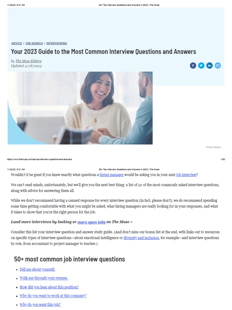 50+ Top Interview Questions and Answers in 2023 - The Muse | PDF | Job ...