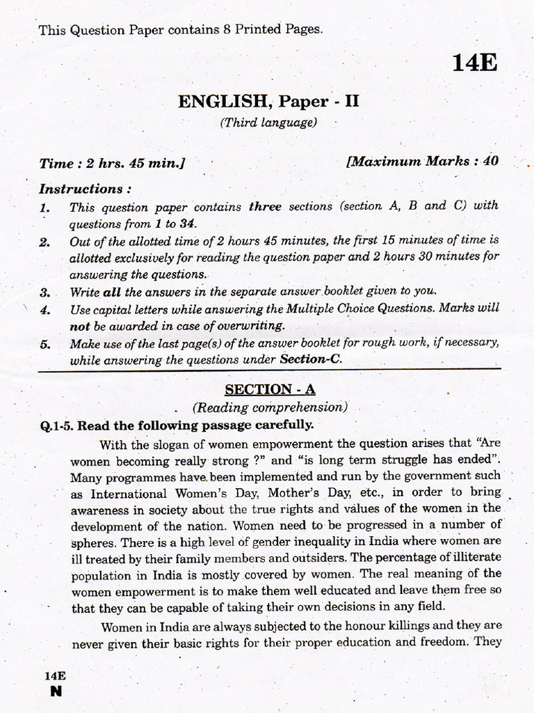 TS 10th Class English Paper-II (EM) 2019 QP | PDF
