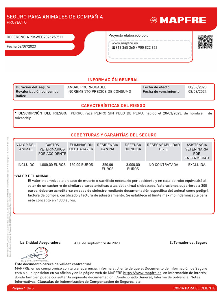 Presupuesto Seguro MAPFRE para Mascotas | Descargar gratis PDF | Seguro | Póliza de seguros