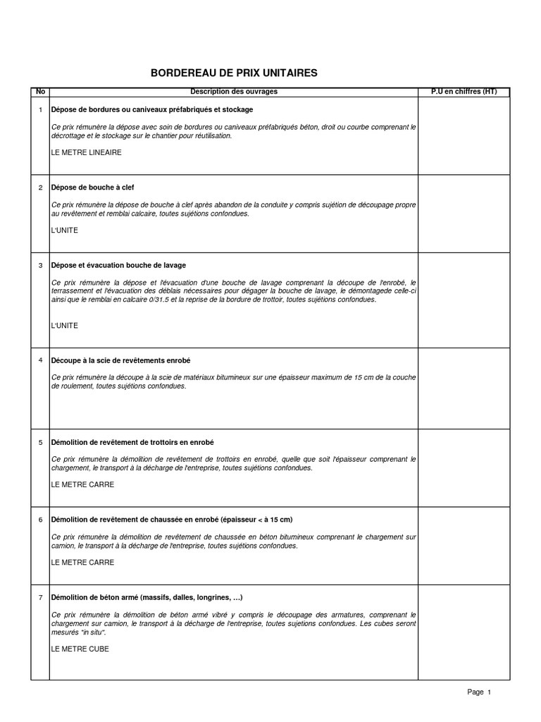A4 Bordereau Des Prix Unitaires | PDF