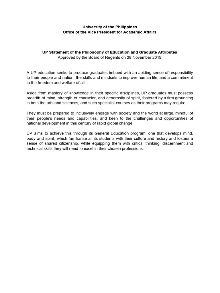 UP Philosophy of Education Statement | PDF | Wellness | Science ...