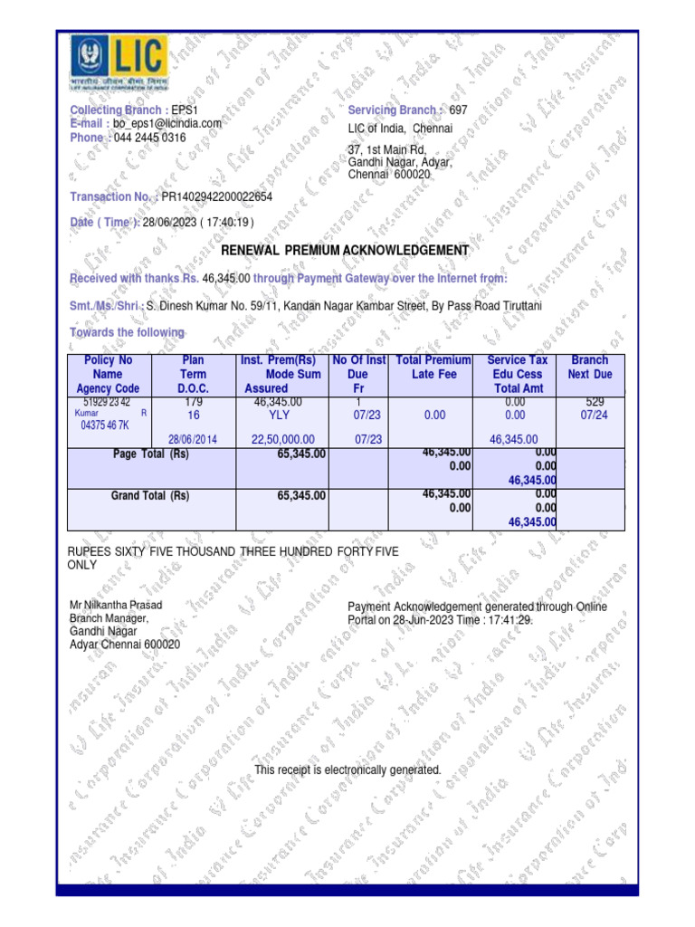 LIC Receipt PDF | PDF