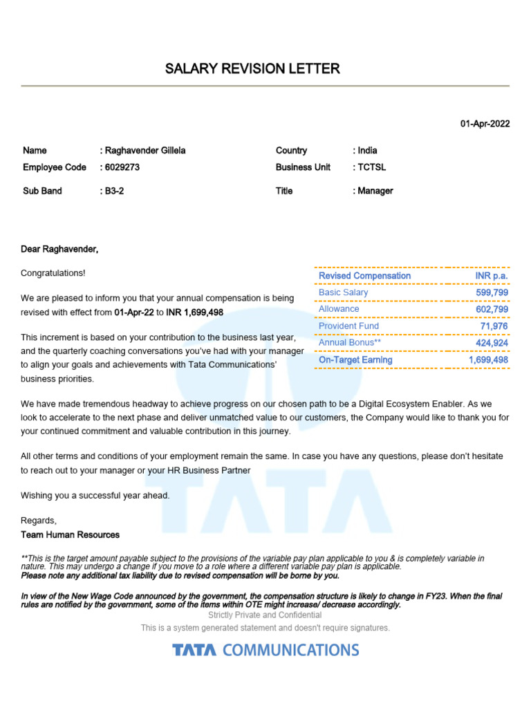 Gillela Raghavender 6029273 2022 SALARY REVISION LETTER1 | PDF ...