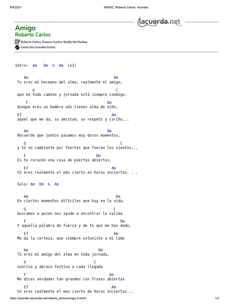 Acordes de "Amigo" de Roberto Carlos | PDF