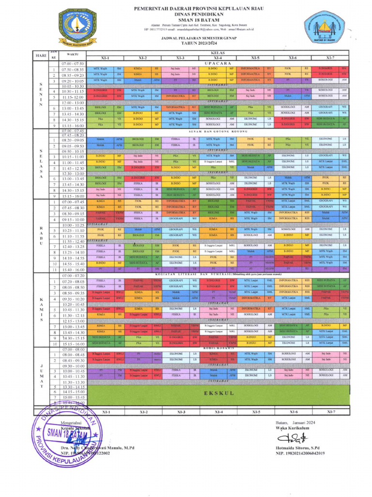 Jadwal Pelajaran Kelas Xi Semester Genap 2023-2024 | PDF
