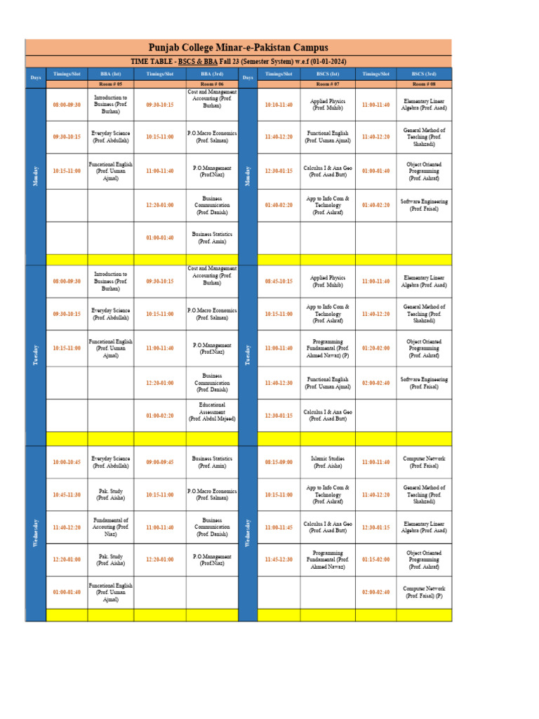 BSCS & BBA Fall 23 Timetable | PDF | Science