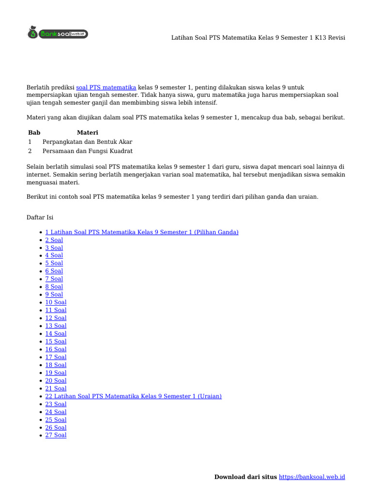 Latihan Soal PTS Matematika Kelas 9 Semester 1 K13 Revisi | PDF
