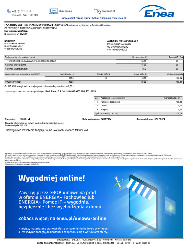 FAKTURA VAT NR P/24462551/0001/24 - ORYGINAŁ: Adres Najbliższego Biura Obsługi Klienta Na WWW ...