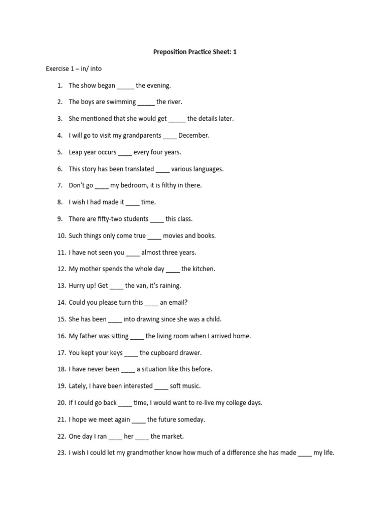 Preposition Practice Sheet | PDF | Grandparent
