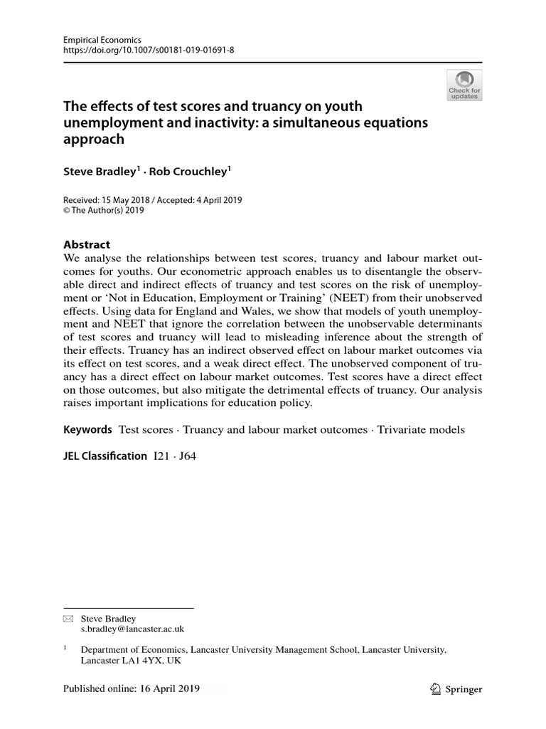 Bradley The Effects of Test Scores and Truancy On Youth Un | PDF ...