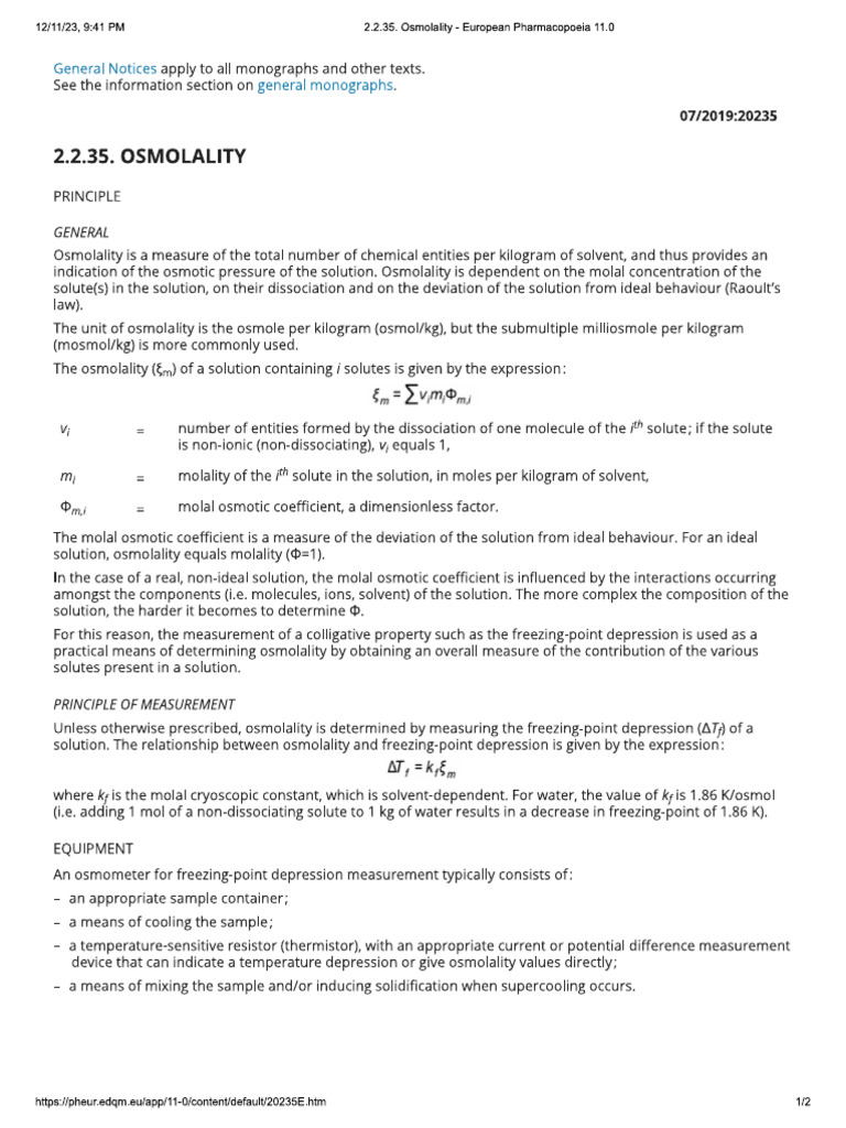 2.2.35. Osmolality - European Pharmacopoeia 11 | PDF